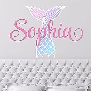 Custom Name Mermaid Nursery Wall Decal - Girls Personalized Name Mermaid Wall Sticker - Custom Name Sign - Custom Name Stencil Monogram - Girls Nursery Wall Decor (27" Wide x 18" high)