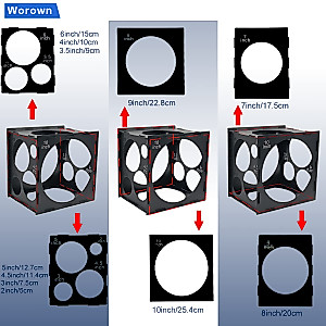 Worown 11 Holes Collapsible Black Plastic Balloon Sizer Box, Balloon Sizer Cube, Balloon Size Measurement Tools for Balloon Decorations, Balloon Arches (2-10 Inch)