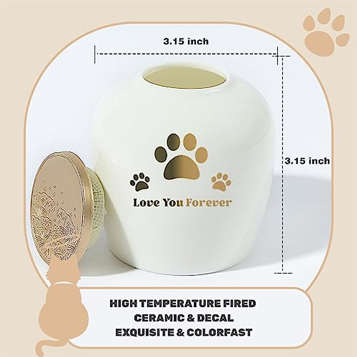KofarZon Ceramic Small Urn for Pet Ashes, Paw Print Funeral Memorial Keepsake for Small Animal Cats Dogs Rabbits Hamsters Birds Tortoise with Keychain and Bag – Love You Forever (White, 12 CU in)