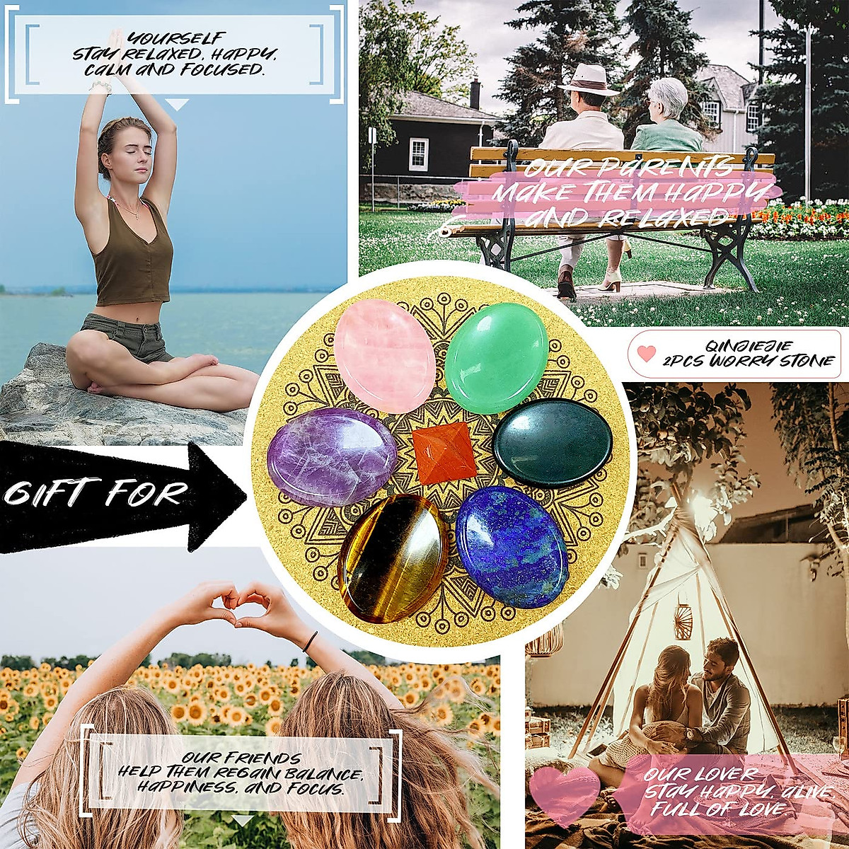 2PCS Worry Stone for Anxiety Tigers Eye Amethyst Healing Crystals Hand Carved Thumb Stones Pocket Gemstones Meditation Accessories Oval Crystal Natural Reiki Relax Palm Stone Anxiety Relief Items