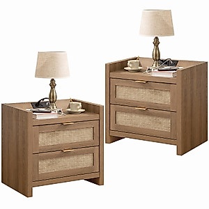 SICOTAS Night Stand Set of 2 - Rattan Nightstands with Type-C Charging Station, 2 Rattan Drawers - Boho Wood Bed Side End Table for Small Space - Natural Oak