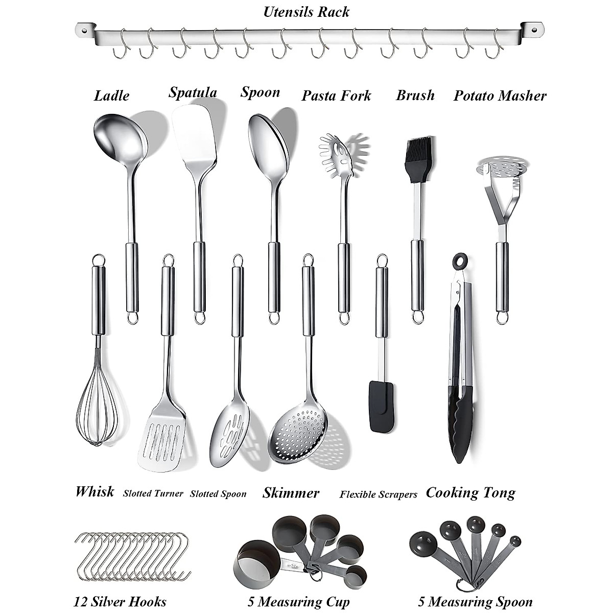 Berglander Kitchen Utensils Set 38 Pieces, Stainless Steel Cooking Utensils Set, Kitchen Gadgets Cookware, Kitchen Tool Set with Utensil Holder Rack And Hooks For Hanging Dishwasher Safe
