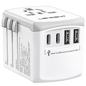 LENCENT Universal Travel Power Adapter, International AC Plug Adaptor with 2 USB C 2 USB A Ports Wall Charger Worldwide Travel Essentials for US to EU UK Ireland Australia (Type C/G/A/I), White