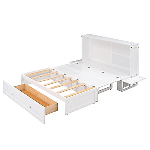 LETSHOME Queen Size Mobile Murphy Bed with Drawer and Little Shelves on Each Side,Storage Platform Bedframe for Home/Office,White