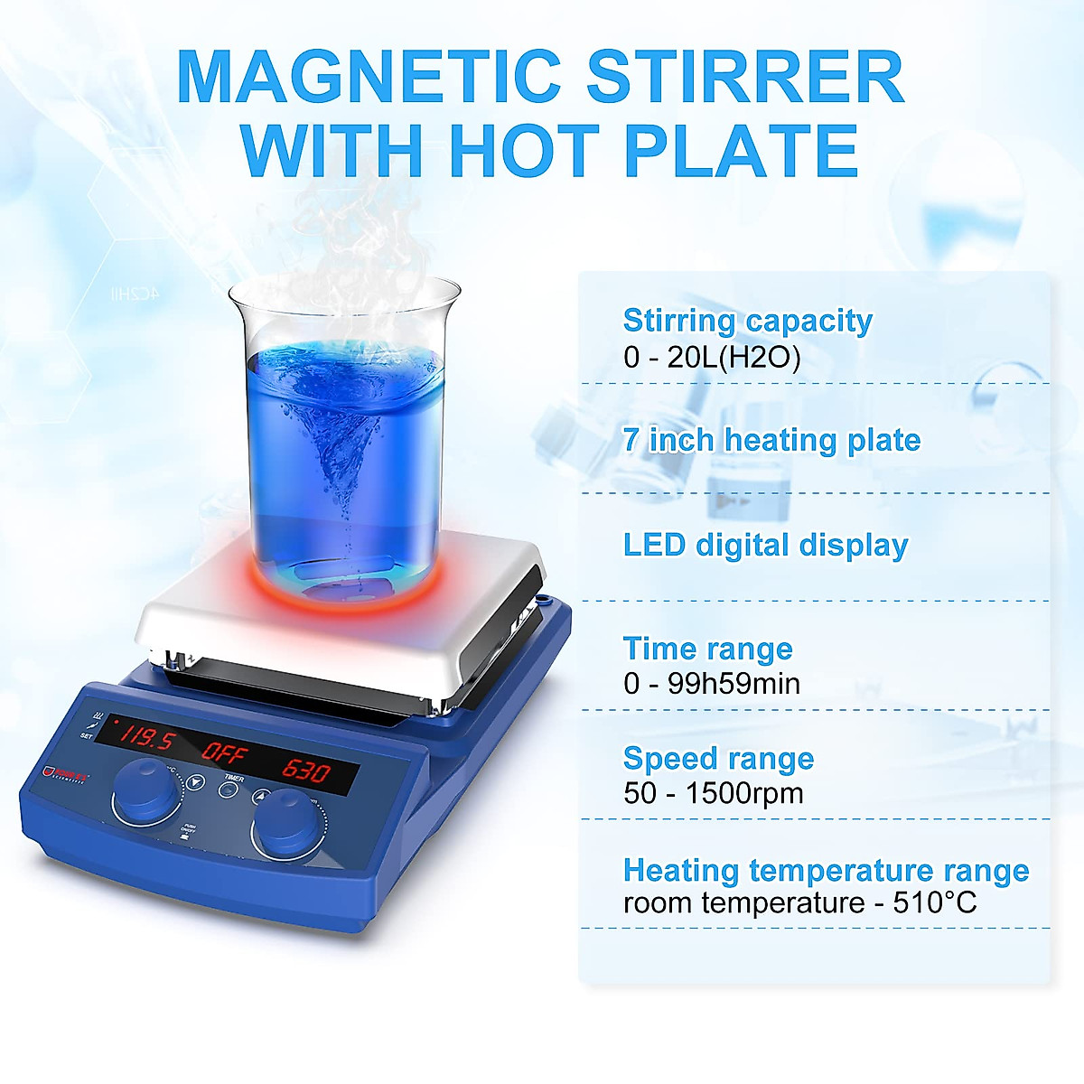 Magnetic Stirrer with Hotplate, 7 Inch Ceramic Hotplate, Speed and Temperature Adjusting, with Timer and Display, max 20L Stirring Capacity, 50 to 1500rpm, up to 510°C(950°F)