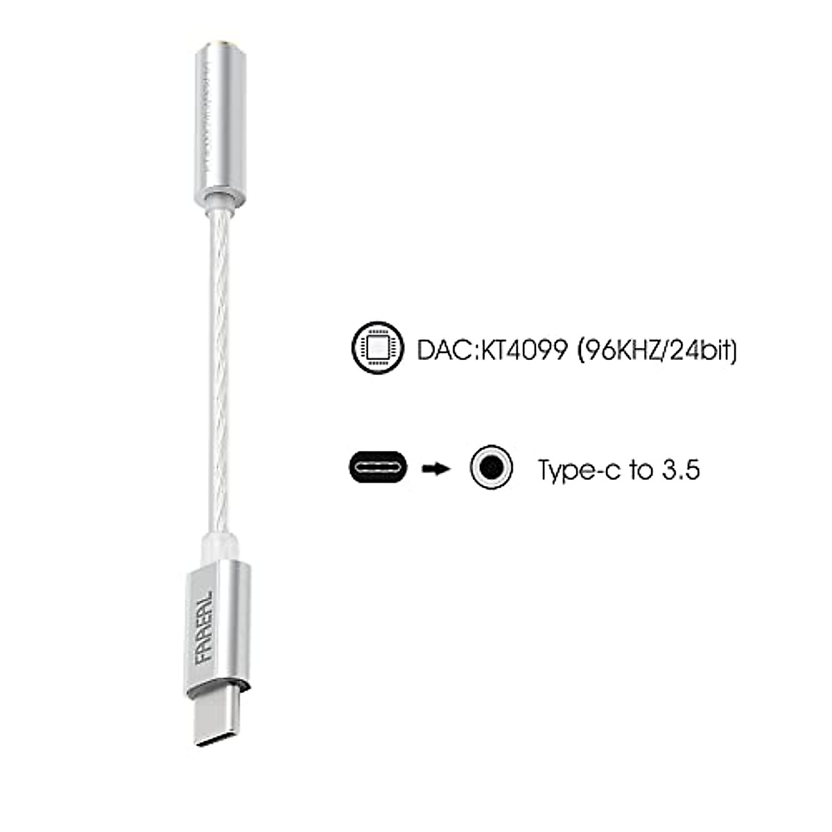 FAAEAL KT4099 24bit/96kHz HD Type-C to 3.5mm DAC Dongle Cable Decoding Headphone Converter Gold-Plated Female Seat Earphone Amplifier Silver-Plated Wire Adapter for Win10 Android Tablet PC Earphones