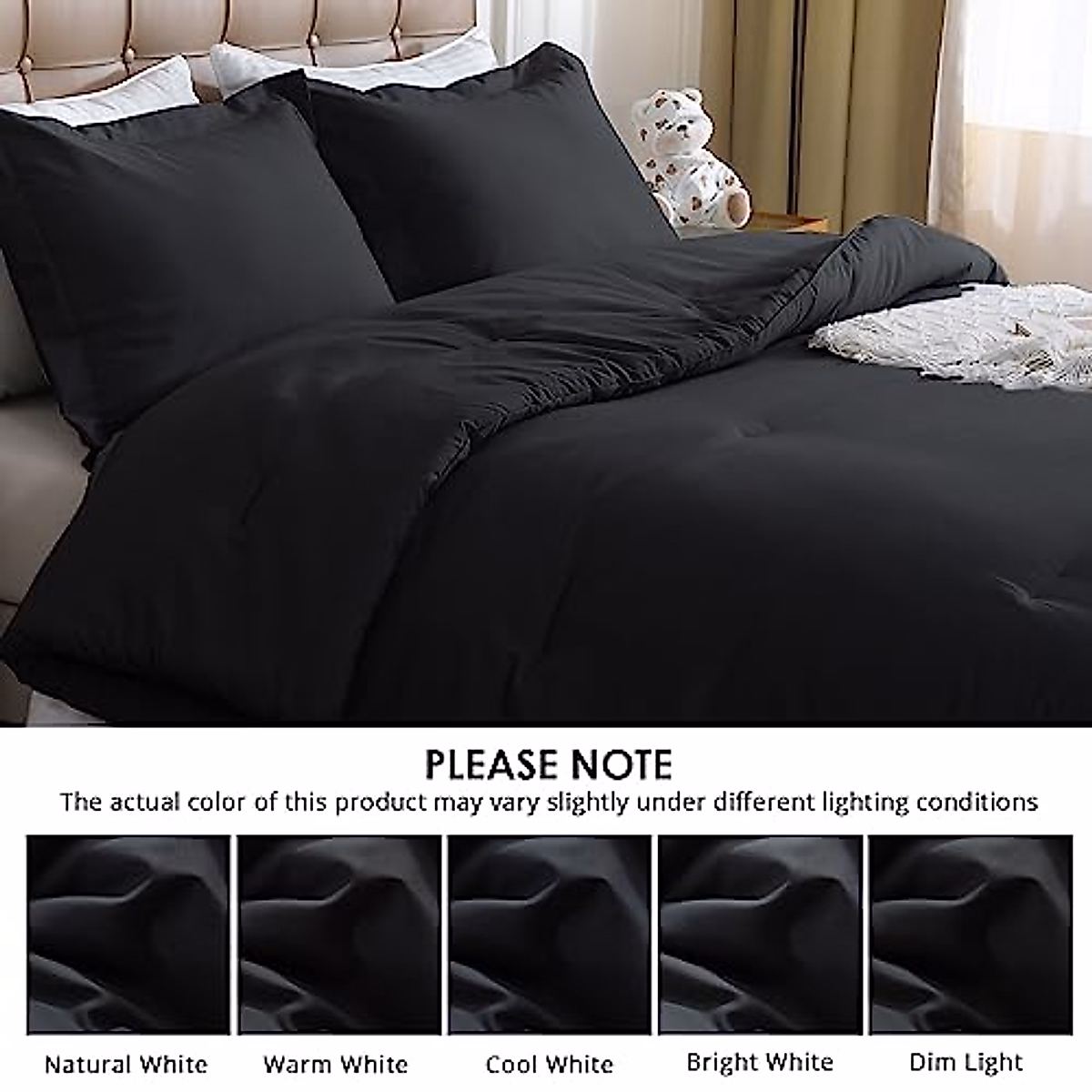 MUXHOMO Queen Comforter Set, Black Comforter for Queen Size Bed, Soft Warm Bedding Set 3 Pieces for All Seasons, 1 Comforter (88"x88") and 2 Pillow Shams (20"x30")