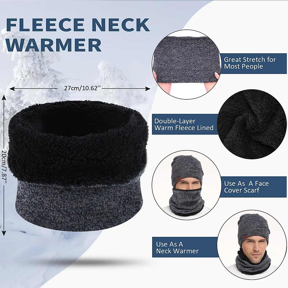 Winter Beanie Hat Scarf Touchscreen Gloves Set for Men and Women, Beanie Gloves Neck Warmer Set with Warm Knit Fleece Lined Navy Blue
