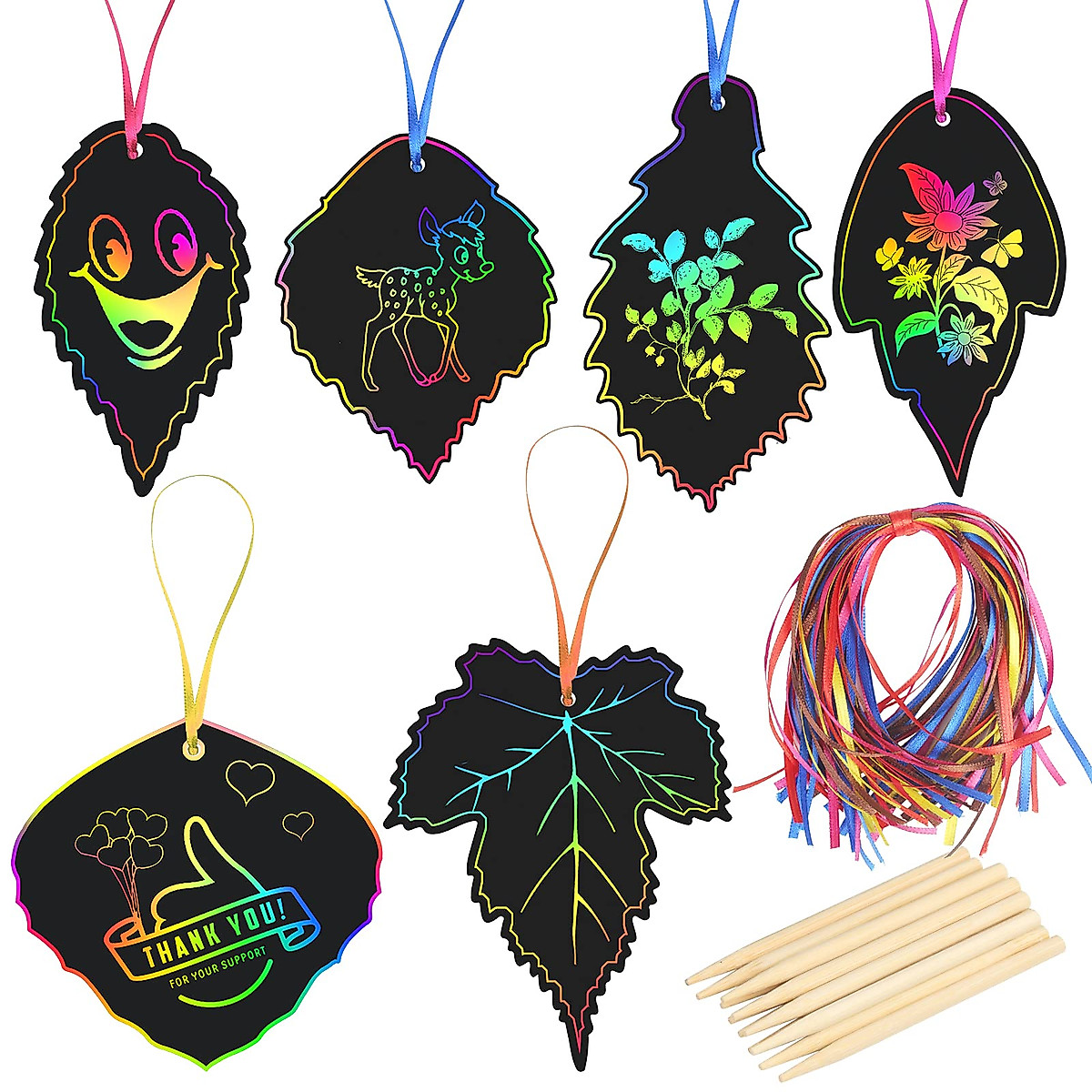 MEETANG 48pcs Scratch Art for Kids Fall Crafts Kits Thanksgiving Create Rainbow Paper Magic Off Supplies with Wood Styluses Ribbons Party Favor, Rinbow, universal