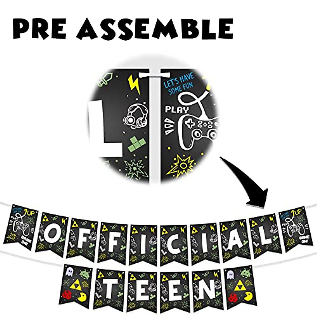 Official Teen Banner Video Games 13th Birthday Theme Gamepad Party Decor Picks for 13 Years Old Decorations Supplies