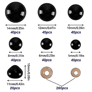 260pcs Plastic Safety Eyes and Noses with Washers, Craft Doll Eyes, Black Safety Eyes for Amigurumi, Puppet, Plush Animal and Teddy Bear