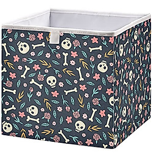 visesunny Closet Baskets Cute Skull Flower Plant Storage Bins Fabric Baskets for Organizing Shelves Foldable Storage Cube Bins for Clothes, Toys, Baby Toiletry, Office Supply