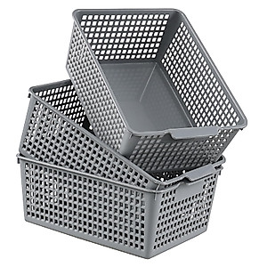 Dehouse Set of 3 Large Plastic Baskets for Organizing, Plastic Storage Basket Organizer, Gray