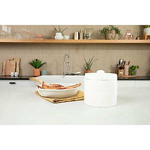 Ceramic Grease Container Keeper with Metal Stainless Steel Strainer and Lip for Easy Pour (Ivory)