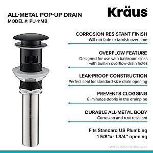 KRAUS Pop-Up Drain with Overflow in Matte Black, PU-11MB