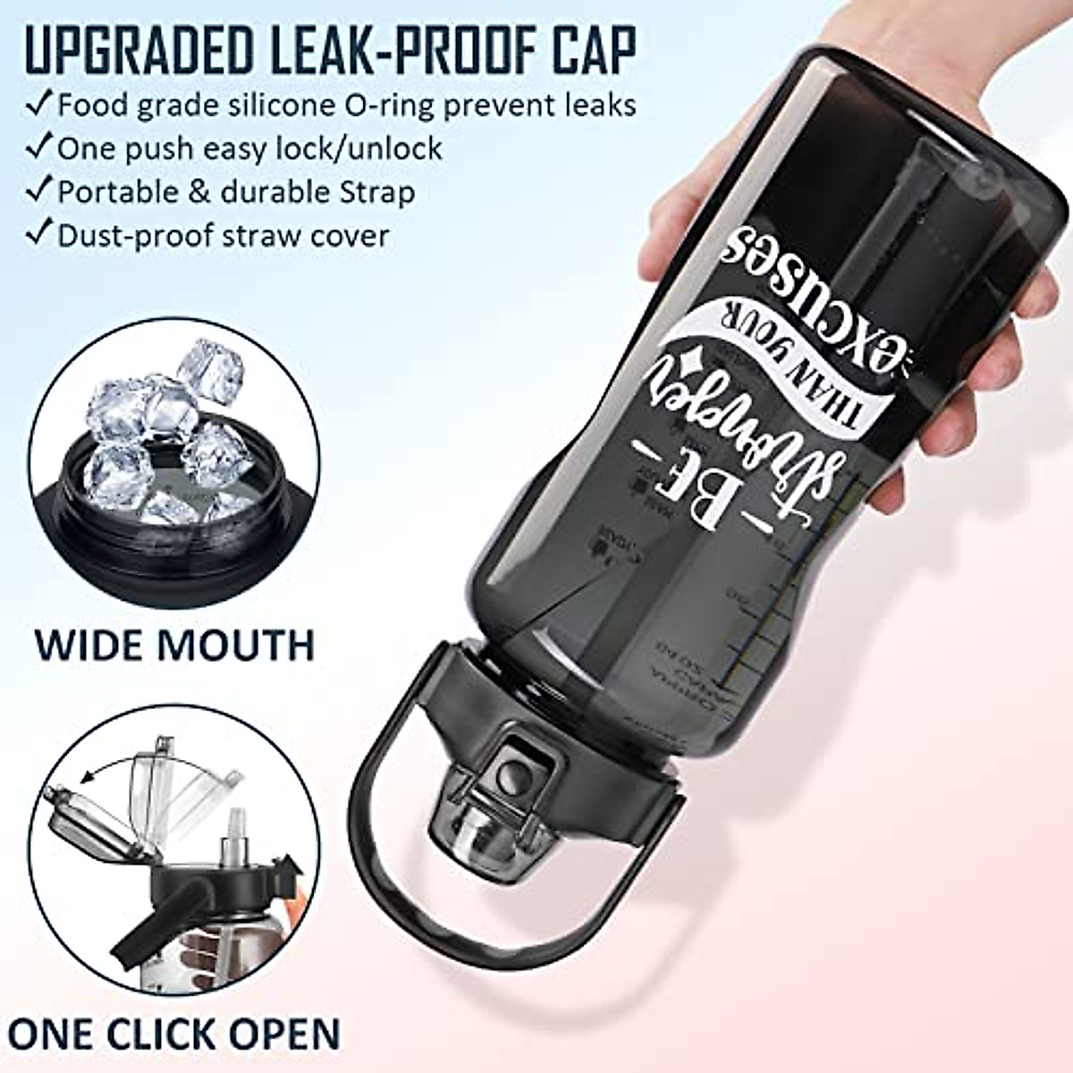 Half Gallon Water Bottle with Storage Sleeve BPA Free 64 OZ Water Bottle with Removable Straw & Time Marker to Drink Leakproof Reusable Gym Sport Water Jug Motivational Workout Water Bottle Women Men