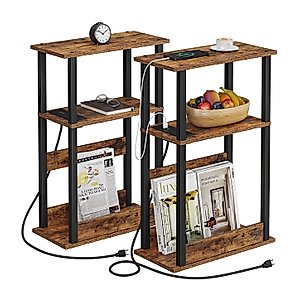 VIMBER 2-Set of 7.8" Narrow Side Table for Small Spaces, Skinny End Table with Charging Station, Sofa Beside Table with Storage Shelf, Slim Nightstand with USB Ports Outlet, Rustic and Brown