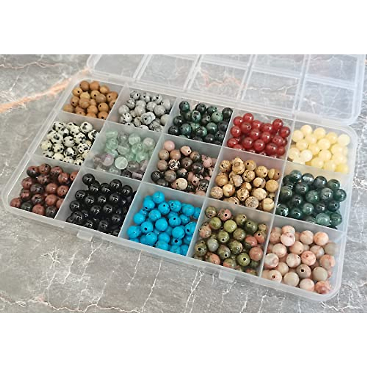 GangGangHao 750pcs 6mm Real Natural Round Stone Beads Smooth Crystals Loose Gemstone Multi Color Mixed DIY for Jewelry Making(6mm,15 Color Mix-S1)