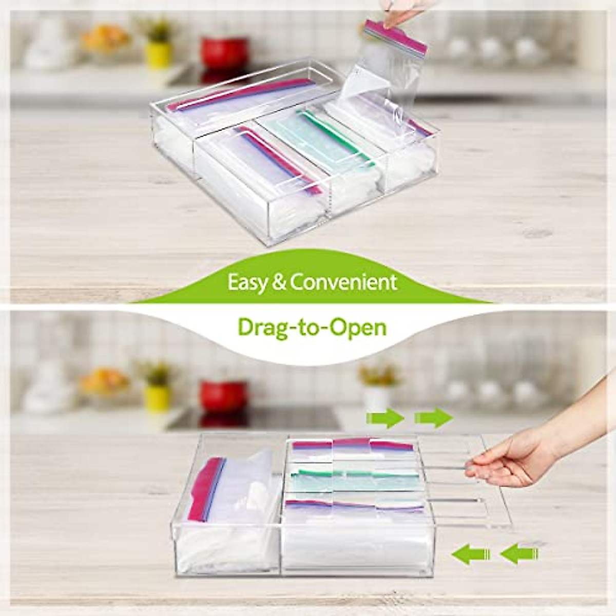 Xverycan Acrylic Ziplock Bag Storage Organizer, Clear Food Baggie Organizer Dispenser for Kitchen Drawer, Gallon, Quart, Sandwich, Snack, Freezer, Slider Bags (Drag to Open)