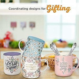 Christian Art Gifts Large, 14 oz Ceramic Scripture Coffee & Tea Mug for Women: The Lord is My Strength - Psalm 118:14 Inspirational Bible Verse, Lead-free Drinkware w/Silver Rim, Pink Floral