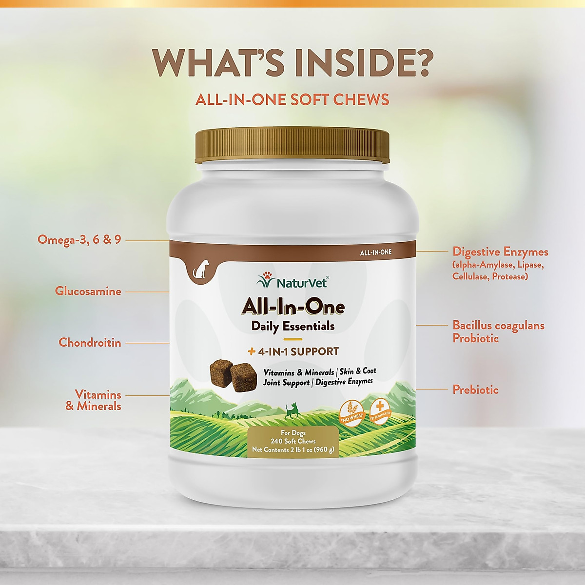 NaturVet All-in-One Dog Supplement - for Joint Support, Digestion, Skin, Coat Care – Dog Multivitamins with Minerals, Omega-3, 6, 9 – Wheat-Free Vitamins for Dogs – 240 Soft Chews