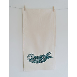 Otter Tea Towel, Organic Cotton, Cute Animal Decor, Sea, River, Hand Screen Printed, Flour Sack Dish Towel, Sweet Housewarming Gift, Natural