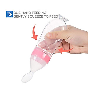 Gaodear Natural Touch Silicone Baby Food Feeder,Squeeze Cereal Bottle with Dispensing Spoon，Suction Cup Design,3 Ounce/Pink