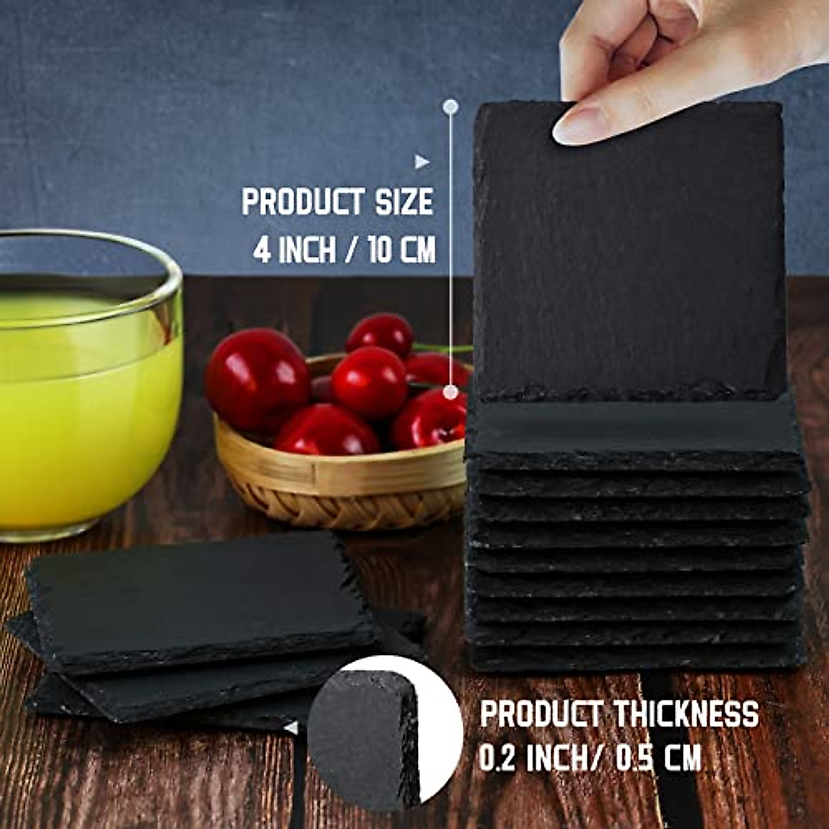 Slate Drink Coasters with Metal Holder, GOH DODD 4 Inch 8 Pieces Black Stone Coasters Bulk Cup Coaster Set for Bar Kitchen Home Apartment, Square