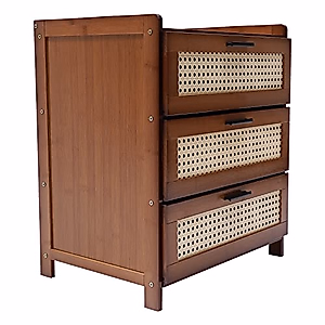 XUANIIIL Nightstand Set of 2 with 3 Drawer, Mid-Century Modern End Table, Practical Vintage Bamboo Accent Wood Sofa Bed Side Table with Storage for Small Spaces, Bedroom, Living Room (Wood, 1 Pack)