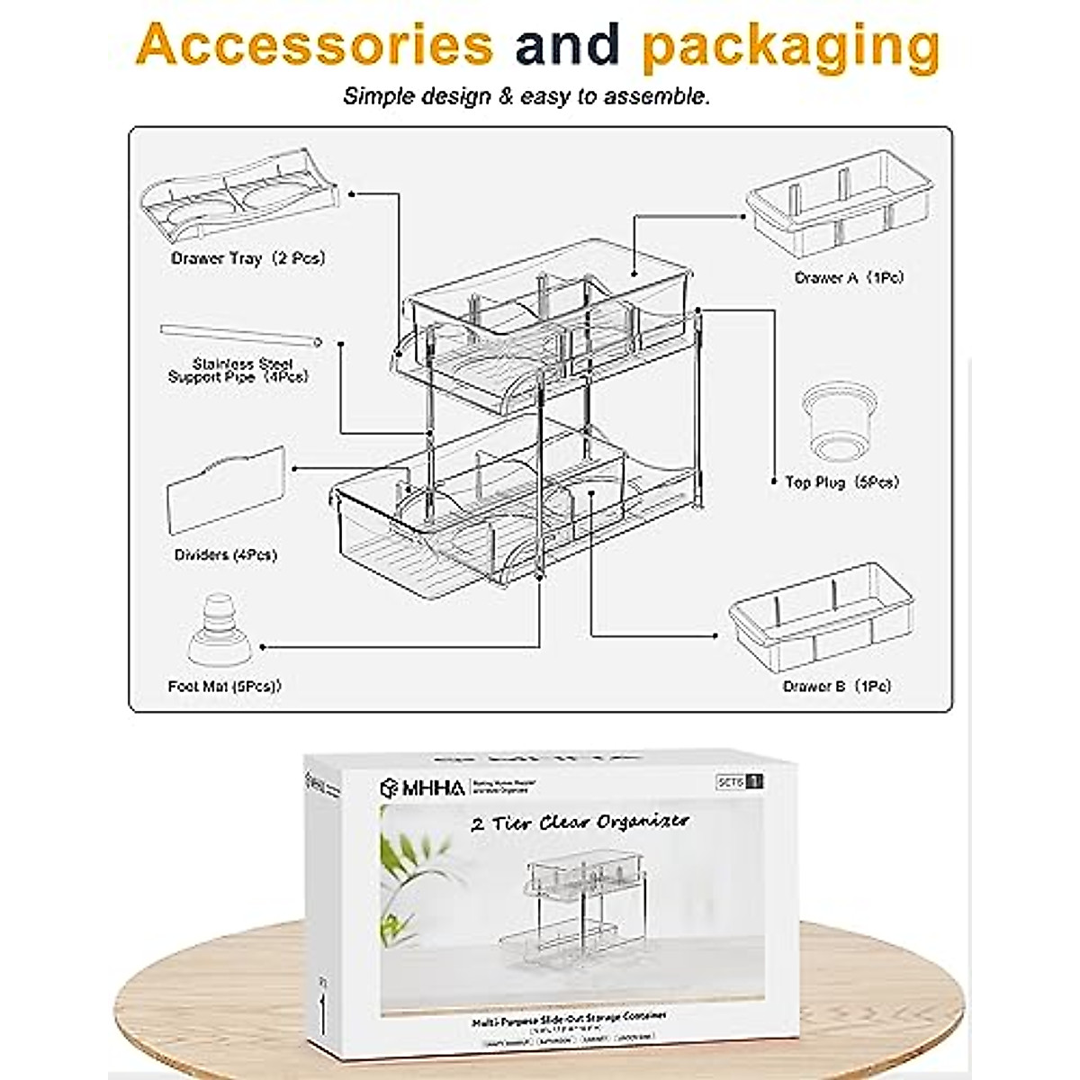 MHHA 2 Tier Clear Under Bathroom Sink Organizers and Storage, Medicine Cabinet Organizer with Dividers,Pull Out Kitchen Pantry Shelf Cupboard Closet Vanity Organization Bins