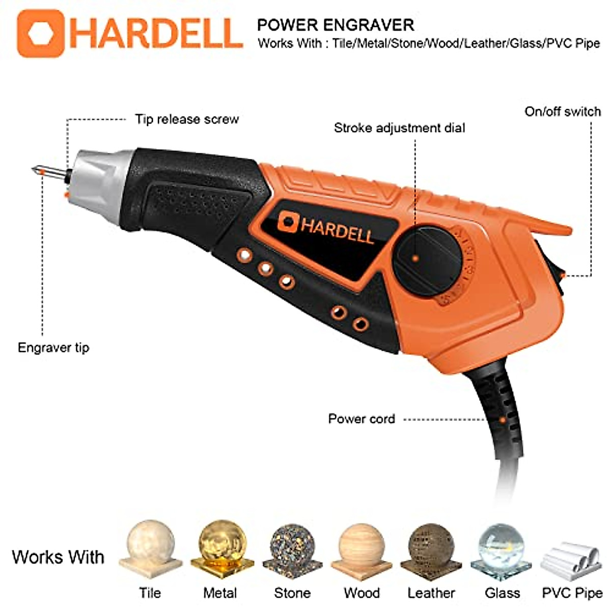 HARDELL 15W Engraver,5 Speed Etching Power Tool Equipped with Soft Rubber Handle and Tungsten Carbide Steel Bits,Mini Multi-Function for Tile,Metal,Stone,Wood,Leather,Glass,PVC Pipe,DIY Crafts