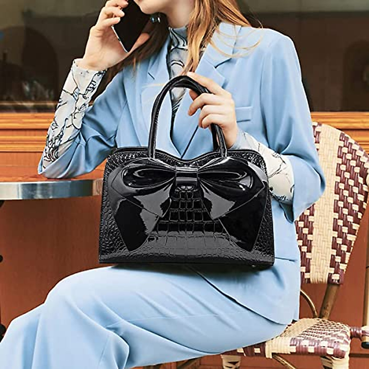 XingChen Shiny Women Handbag Patent Leather Bowknot Purse Charm Glossy Top-Handle Satchel Tote Fashion Shoulder Bag(Black)