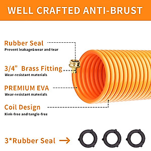 BESITER Coil Hose 50 ft, EVA Recoil Garden Hose Brass Connector, Coiled Watering Hose, Lightweight Flexible hoses, and Includes 10 Patterns Spray Nozzle for Outdoors Lawn Watering, Car Washing Orange