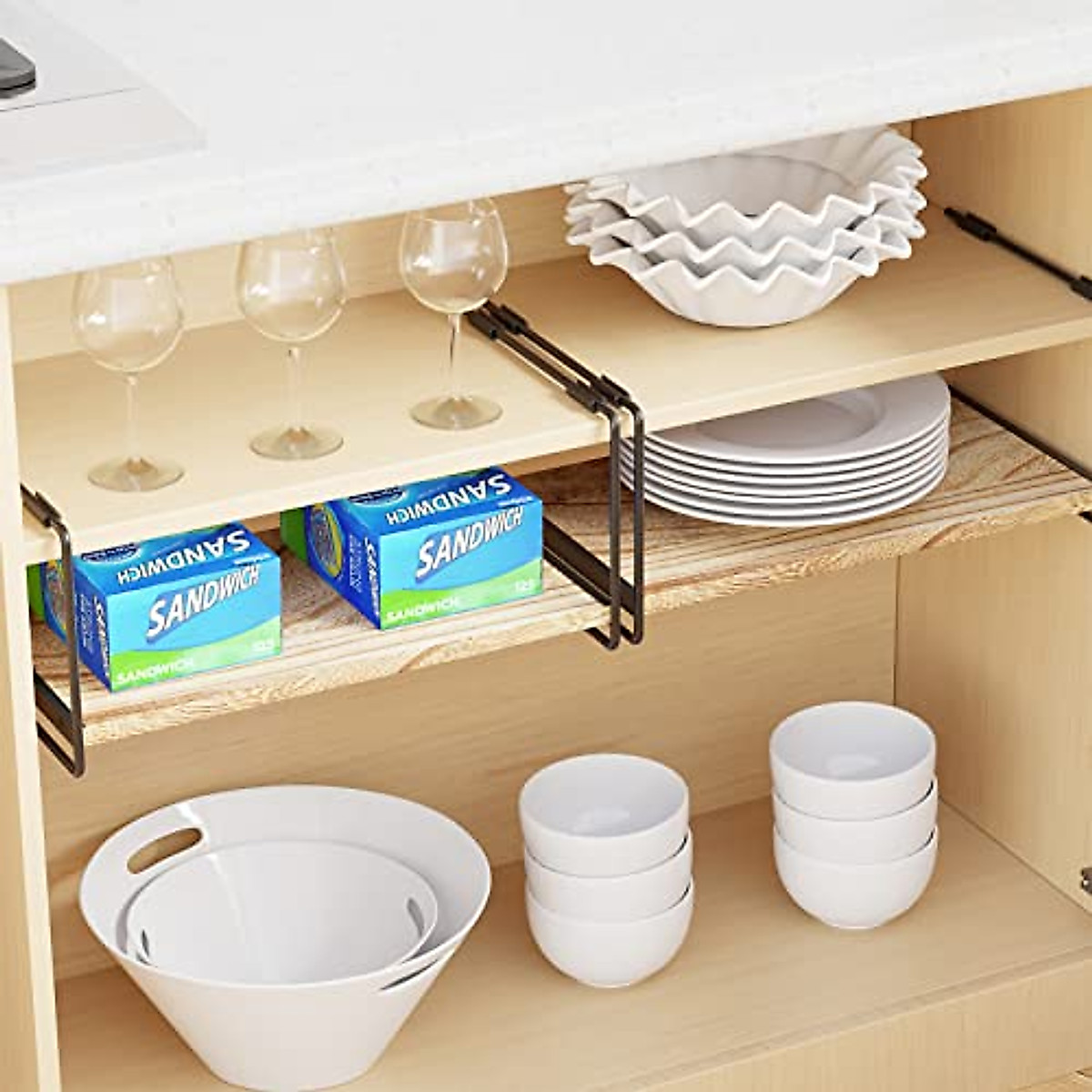 SpaceAid Cabinet Shelf Organizers 2 Pack, Kitchen Counter Organizer Rack Under Shelves Riser, Pantry Cupboard Storage Organization, Metal and Wood, Black and Natural, 16" Wide