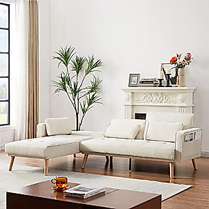 Antetek Convertible Linen Futon Sofa Bed, L-Shaped Sectional Sofa Couch with Left Chaise, Adjustable Backrest & 3 Toss Pillows, Mid-Century Modern Modular Sofa, Living Room Furniture Set (Beige)