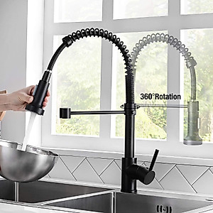 DJS Kitchen Faucets with Pull Down Sprayer Matte Black -【Dual Mode Setting】Single Handle 1 or 3 Holes Commercial Spring Kitchen Sink Faucet with Deck Plate for Farmhouse RV Vessel Basin