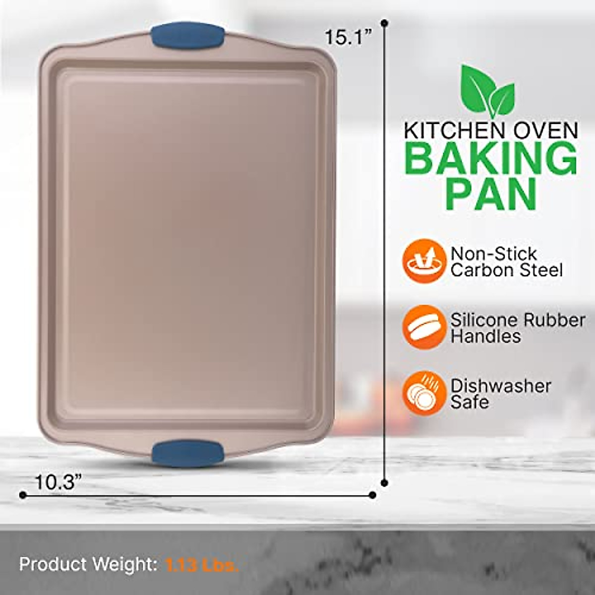 15” Non Stick Cookie Sheet, Large Gold Commercial Grade Restaurant Quality Carbon Steel Bakeware with Blue Silicone Handles, Compatible with Models NCSBSG63, NCSBSG60