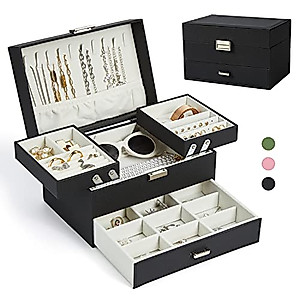 BUTI4WLD 3 Layers Large Jewelry Boxes for Women Girls Wife Ideal Gift, Jewelry Case for Storing Earrings Rings Necklaces Bracelets PU Leather & Soft Velvet Lined, Black