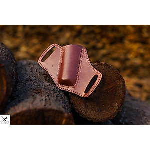 Handmade Leather Sheath for Pocket Knives, Slanted Pancake/Tooled/Belt/Trapper Style, TAN, 100% Real Leather (Brown)