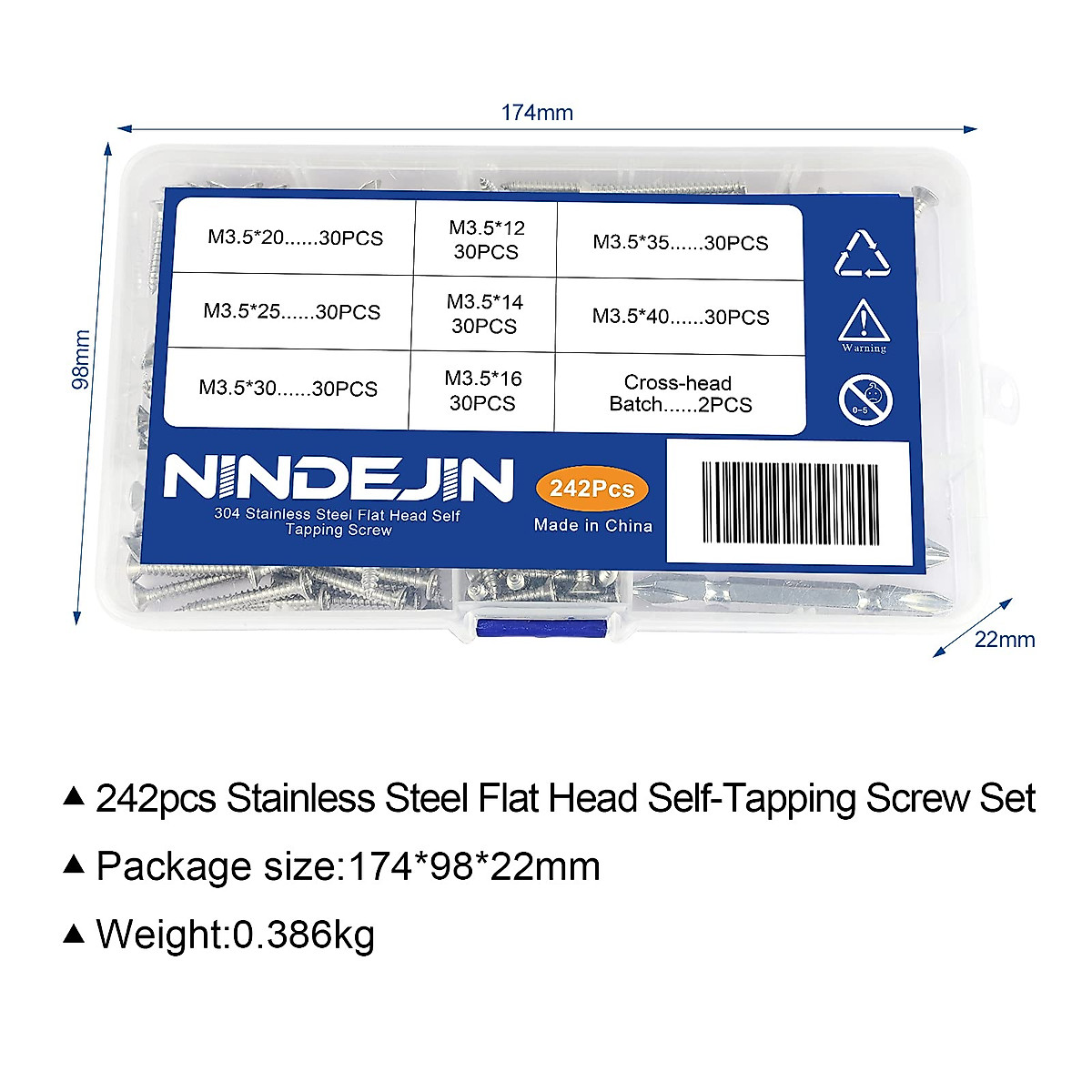 NINDEJIN Flat Head Self Tapping Screws Assortment Kit, 304 Stainless Steel Wood Screws, M3.5 Phillips Drive Self Tapping Screws, 240 pcs Self-Tapping Screws Set with 2 pcs Phillips Screw Bit (12-40mm)