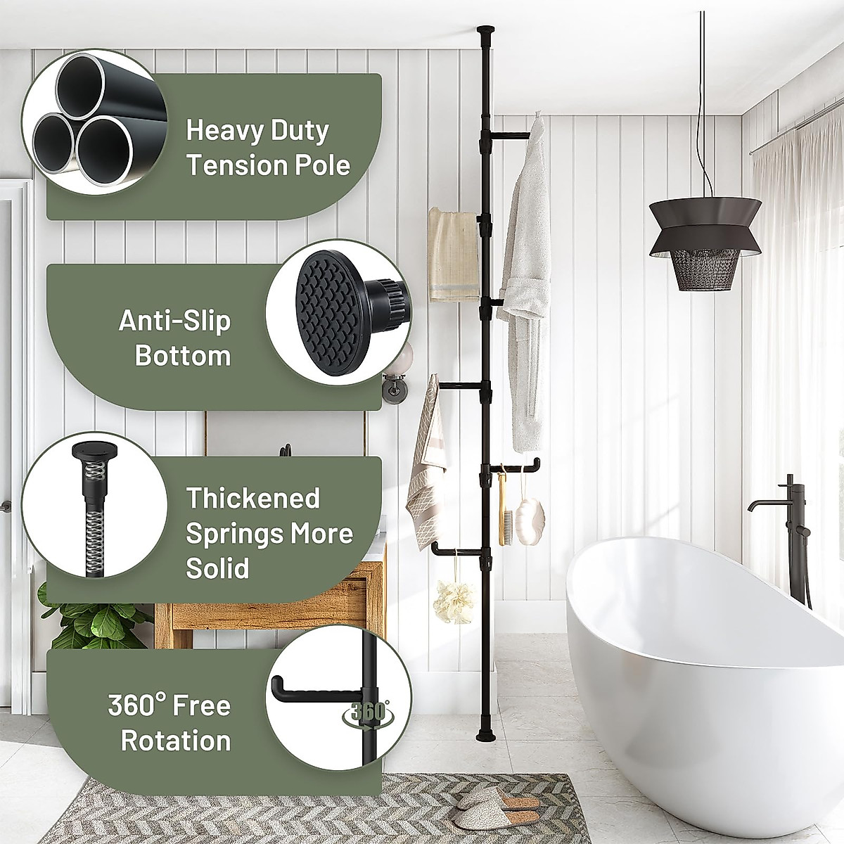 DYN Ptah Adjustable Coat Rack 65" to 116" with 6 Hooks, Freestanding Tension Rod Coat Hanger Floor to Ceiling, Heavy Duty Clothes Rack for Entryway, Living Room, Bedroom, Hanging Clothes, Hats, Bags