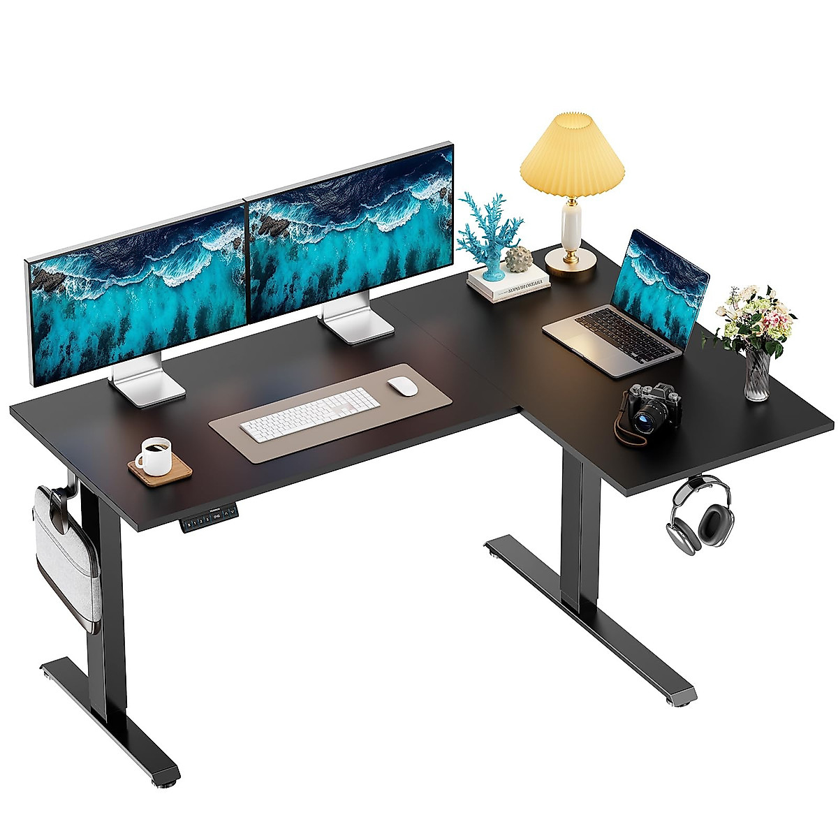 HUANUO L-Shaped Standing Desk, 63 x 40 inch Dual Motor Corner Standing Desk, Electric Height Adjustable Computer Desk with Cable Tray & 3 Preset Heights, Raising Desk for Home Office, Black, HNESD109