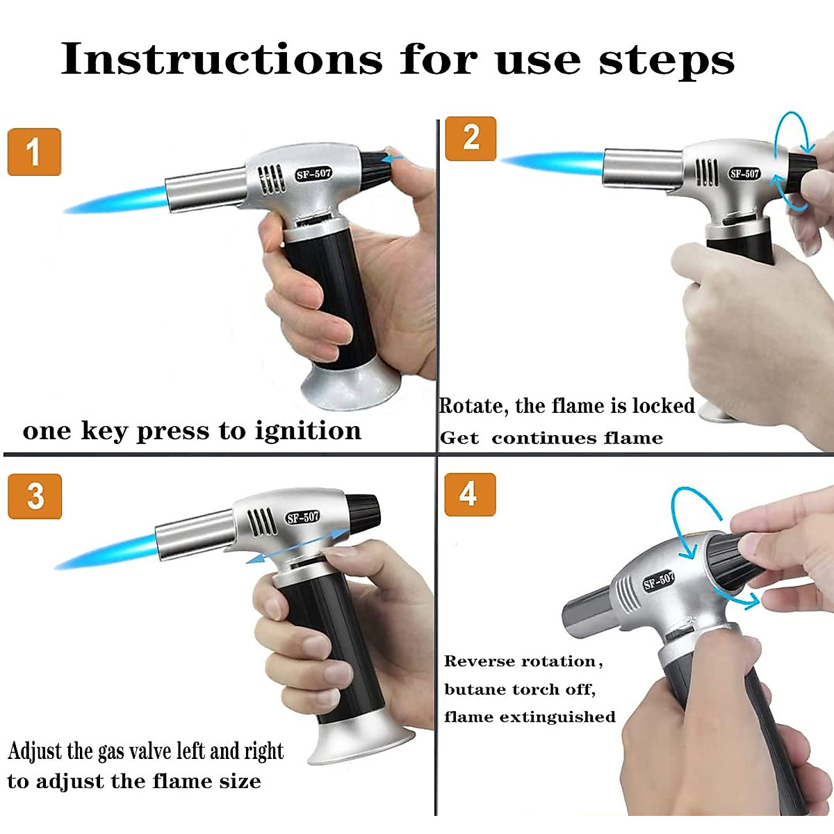 Refillable Butane Torch, Cooking Flame Stable & Adjustable, with Safety Lock, Fit All Gas, for Desserts, Creme Brule, BBQ Baking,Welding. (Gas not Includ, 4.72x1.8x5.7 inches), Black, SF-507