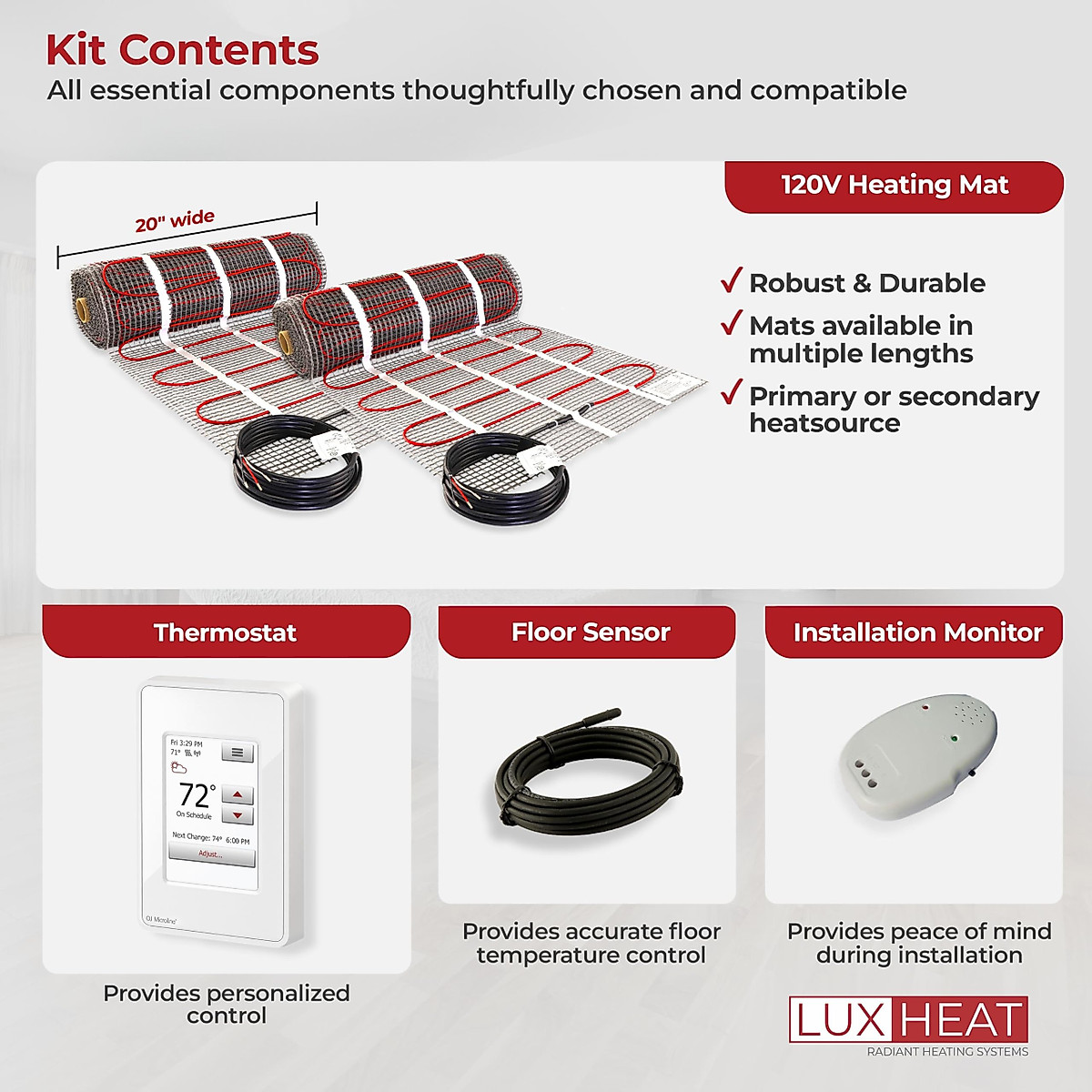 LuxHeat 150 Sqft Mat Kit (120v) Electric Radiant Floor heating System for Under Tile & Laminate. Underfloor Heating Kit Includes Heat Mat, Alarm & OJ Microline WiFi Programmable Thermostat with GFCI