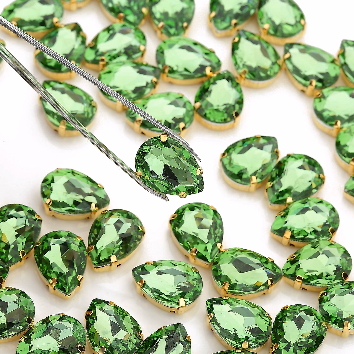 Choupee Sew On Rhinestone Tear Drop Crystal Rhinestones in Gold Setting 48 Pcs (Green, 13 X 18 MM)
