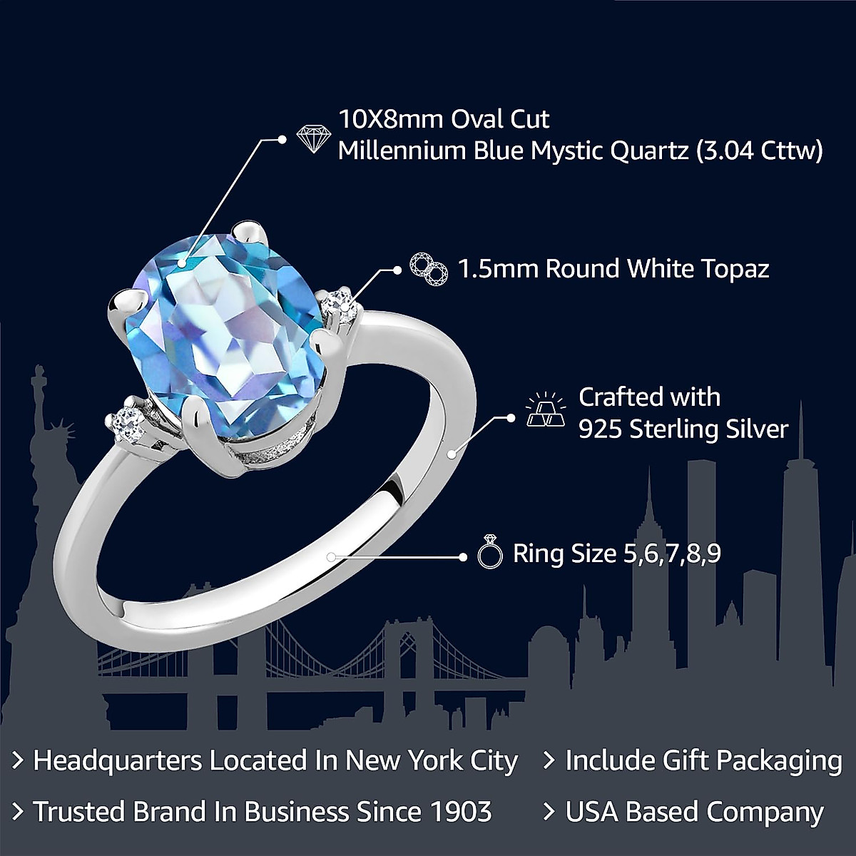 Gem Stone King 925 Sterling Silver Millennium Blue Mystic Quartz and White Topaz Engagement Ring For Women (3.04 Cttw, Oval 10X8MM, Gemstone Birthstone, Available in Size 5,6,7,8,9)