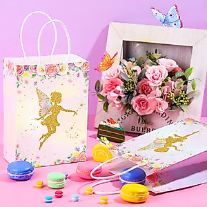 16 Pieces Floral Fairy Gift Bags with Tissue Paper Pink and Purple Floral Fairy Goodie Gift Treat Bags Spring Themed Bags Butterfly Baby Girl Paper Bags for Girl Kid Birthday Baby Shower Party