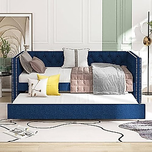 CECER Space Saving Pull Out Sleeper Sofa Bed, Button Tufted Couch Bed with Riveted Design, Daybed with Trundle, Daybed for Apartment Living Room Bedroom Office, Navy Blue