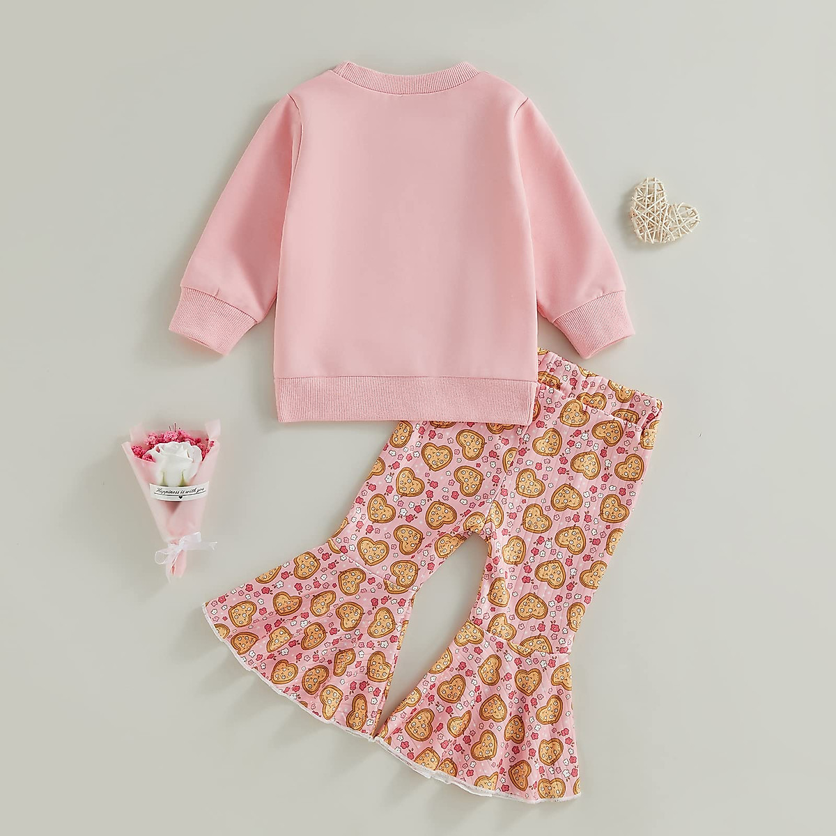 2Pcs Toddler Baby Girls Valentine's Day Outfits Letter Print Sweatshirts Pullover Tops Heart Print Flare Pants Clothes (Pink, 2-3 Years)