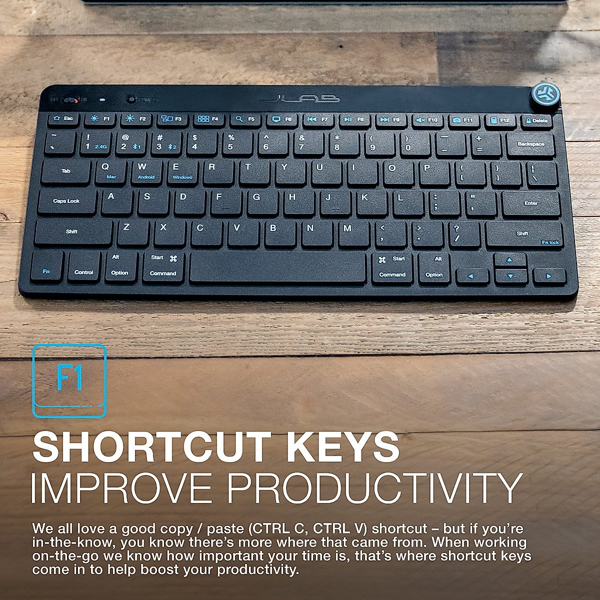 JLab Go Wireless Keyboard, Black, Connect Via Bluetooth or USB Wireless Dongle, Multi-Device Ultra-Compact for a Minimalist or Portable Set-Up (1 Pack)